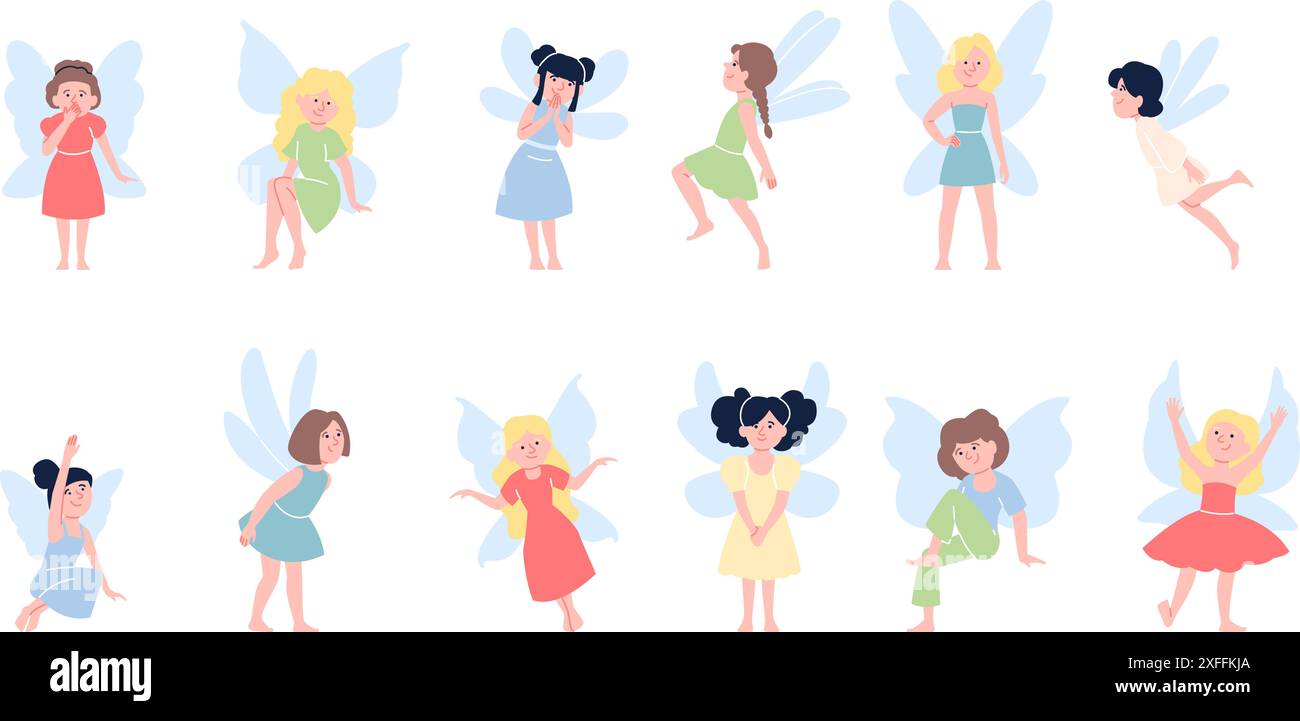 Cartoon fairies. Magic fairy lady characters. Tiny girls wearing ...