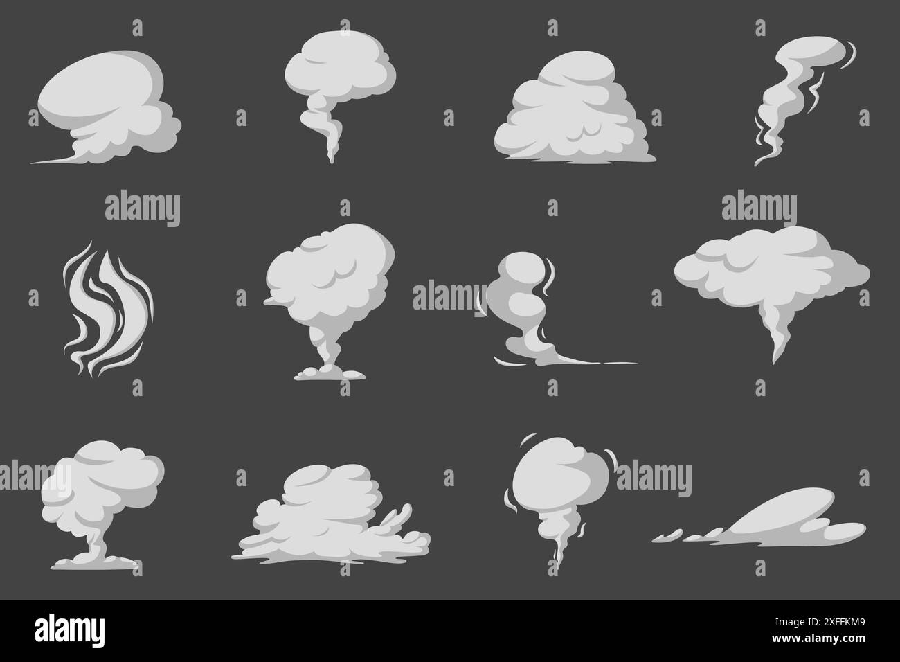 Cartoon grey smoke clouds. Air pollution, explosion of dust effects ...