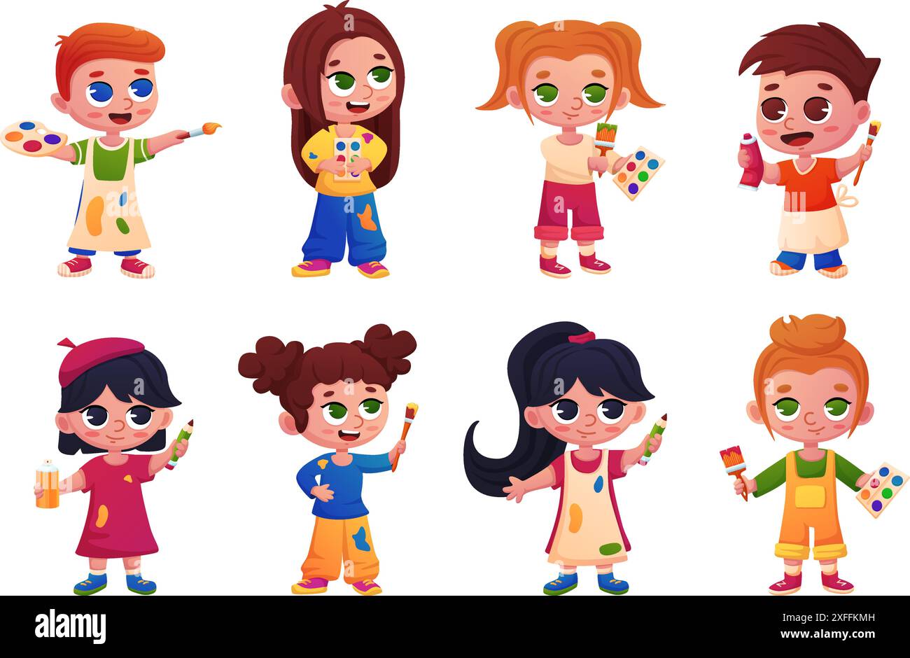 Little artist hold art supplies. Children painting, cute kids drawing ...