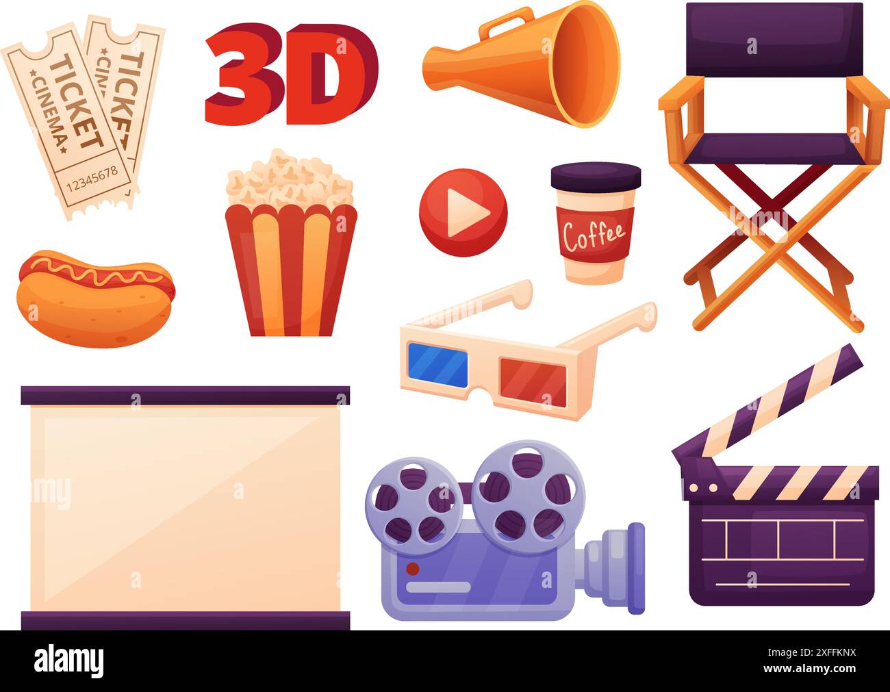 Movie cartoon set. Director chair 3d cinema glasses camera and clapper ...