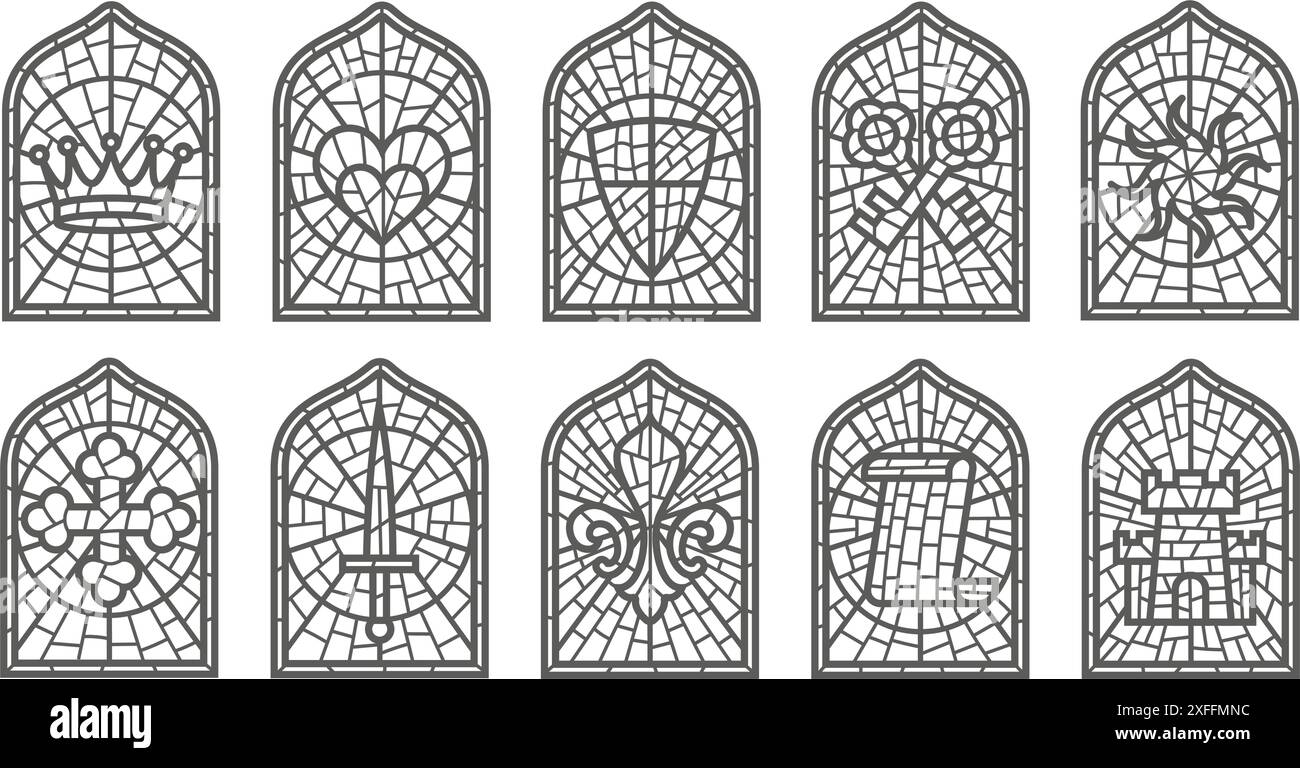 Church glass windows. Gothic vector arch frame with medieval symbols ...