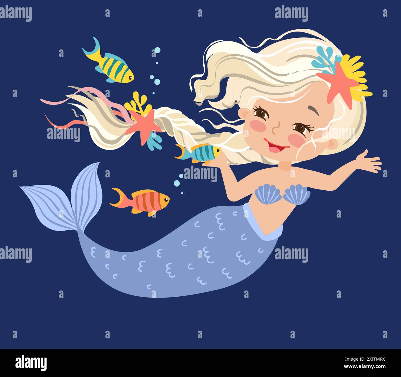 Hand drawn vector illustration of Beautiful Girl Mermaid with a blonde ...