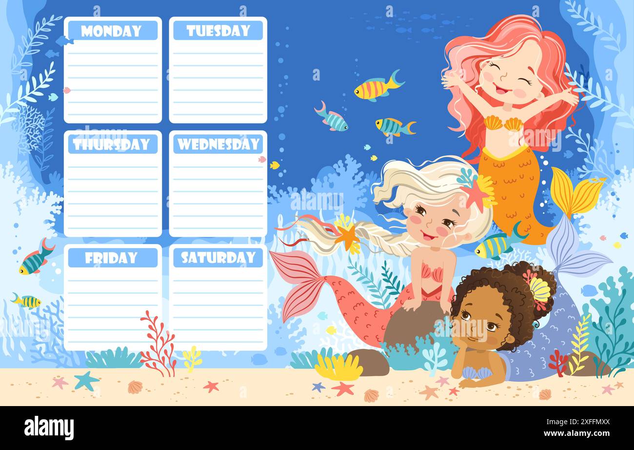 Hand drawn vector illustration of a cute mermaids in the underwater ...