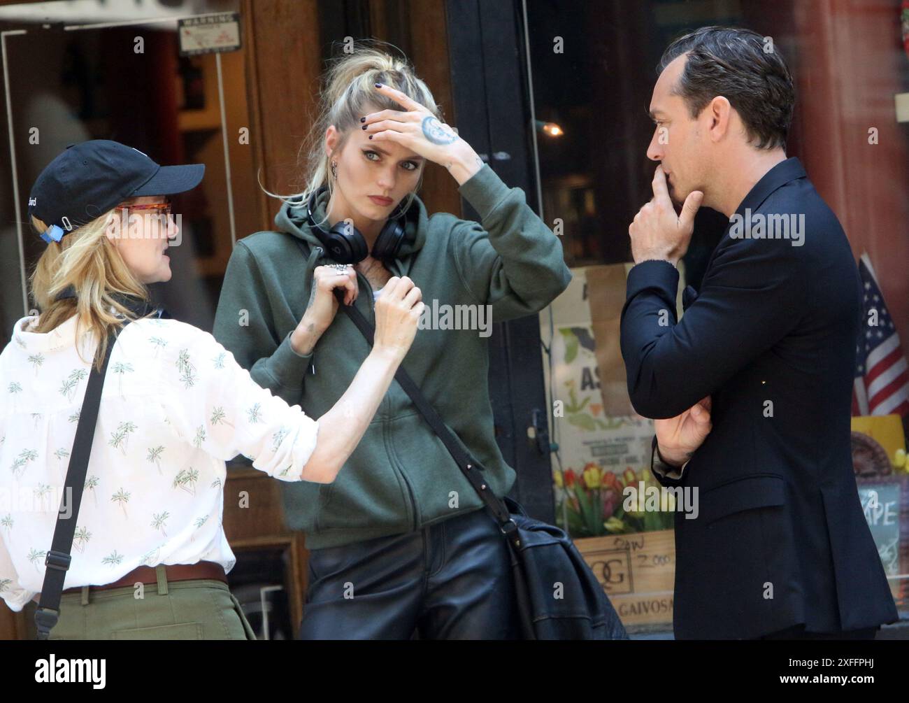 Laura Linney director, Abby Lee, Jude Law on location filming Netflix TV mini series Black ...