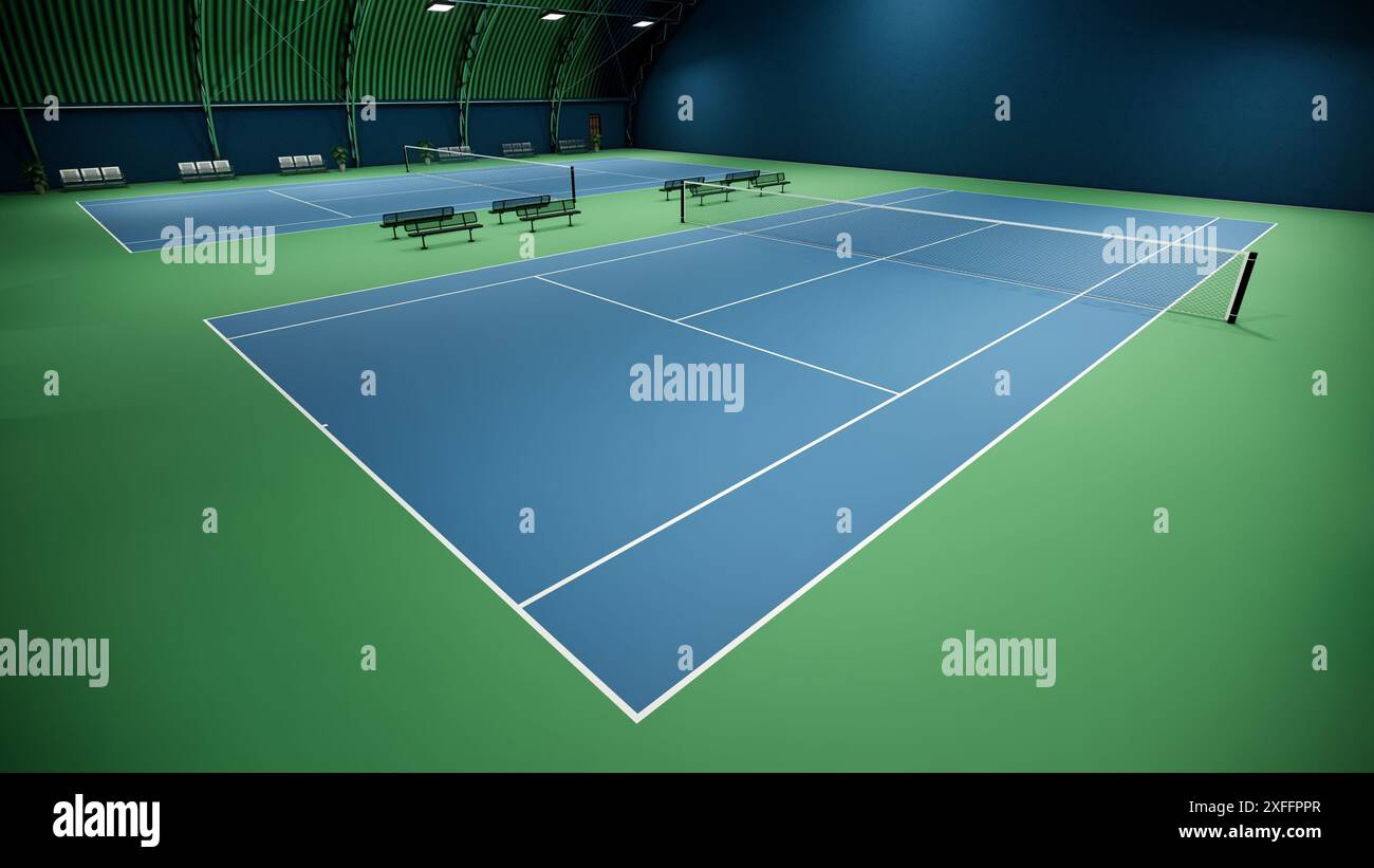 tennis court indoor with blue and green surface, equipped with lights ...