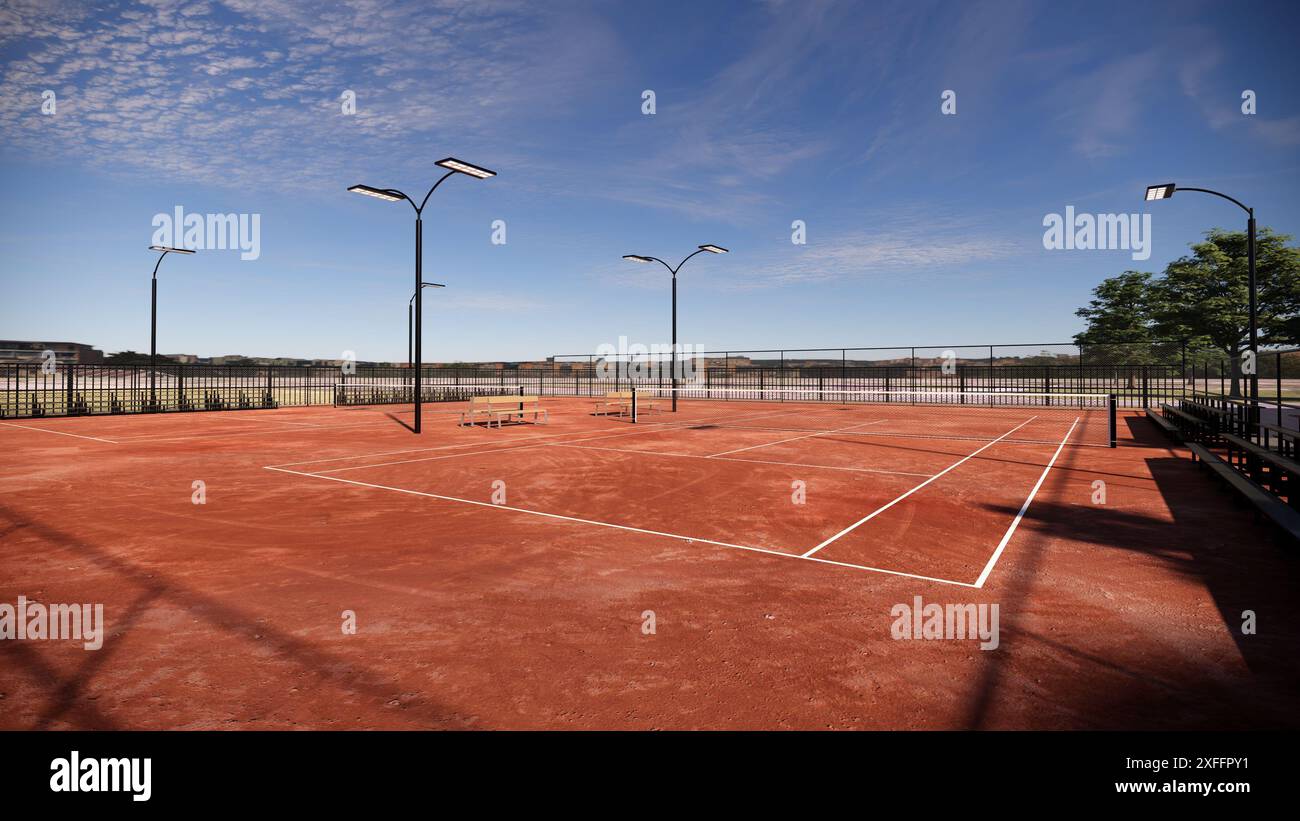 an outdoor red clay tennis court stands poised for thrilling matches ...