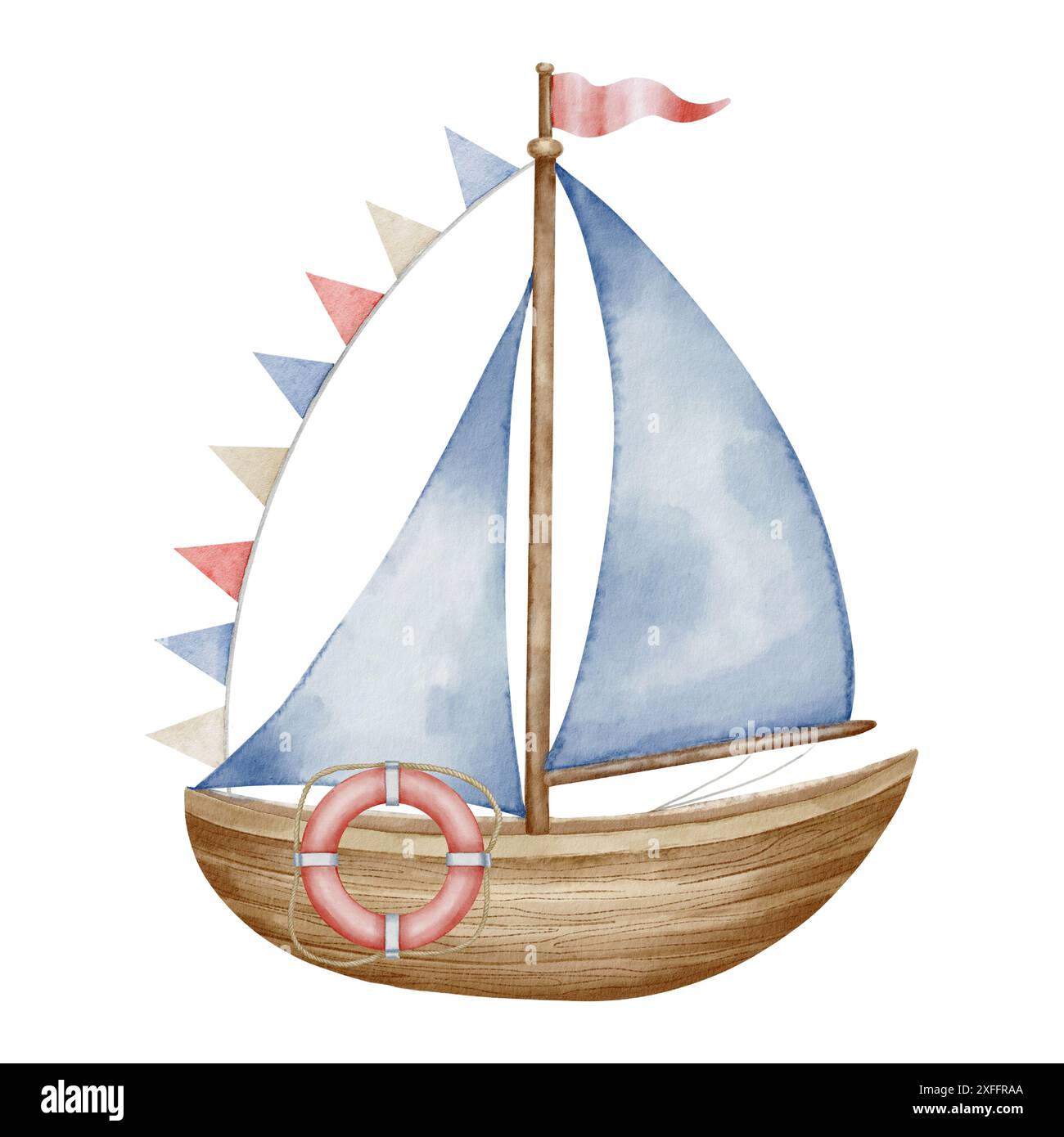 Sailboat watercolor illustration. Drawing of sailing ship with garland ...