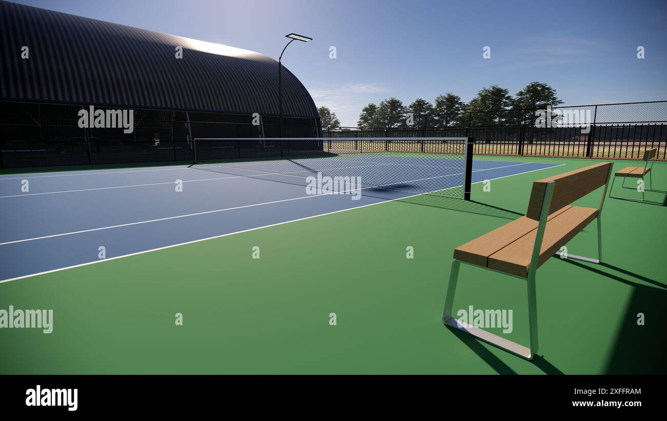 outdoor tennis court with a blue and green surface, equipped with ...