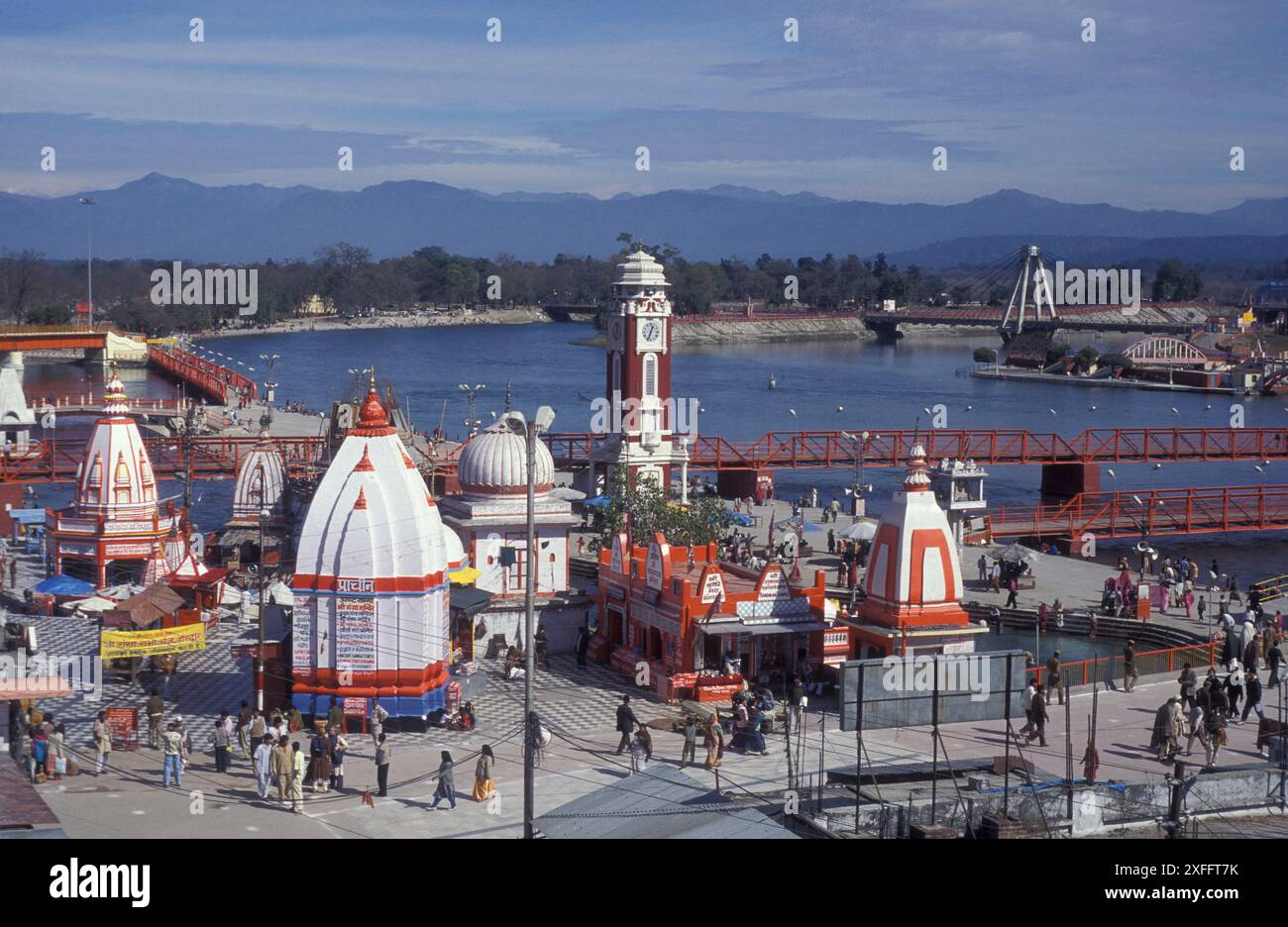 a view over public aerea with the Clock Tower at the Holy Ganges River ...