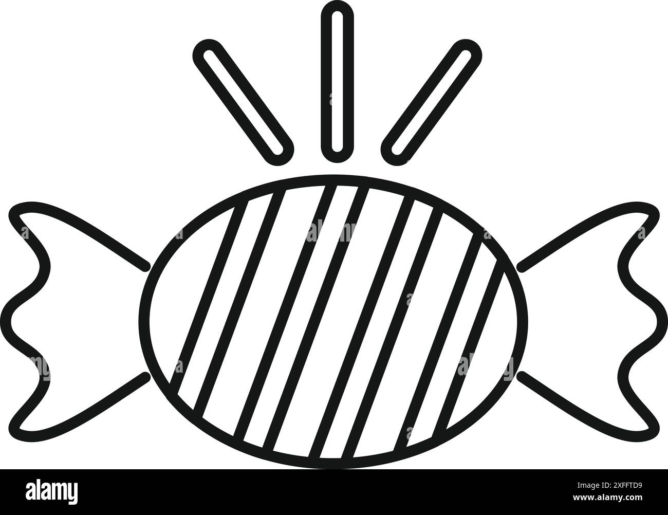 Simple line art icon of a wrapped candy with rays shining above it ...