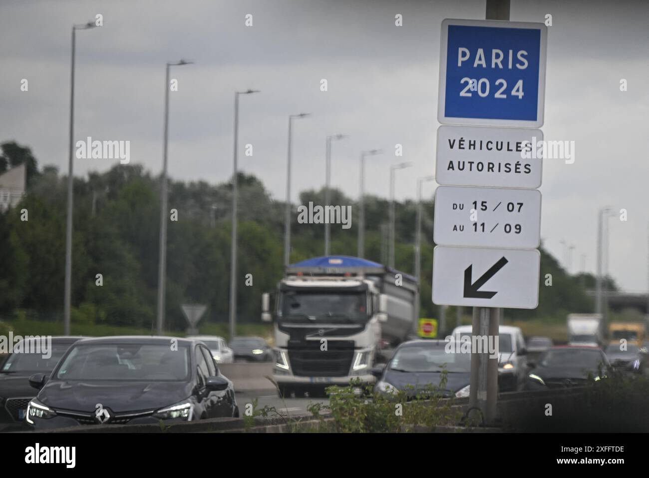 France. 03rd July, 2024. Traffic sign indicating the reserved lane for ...