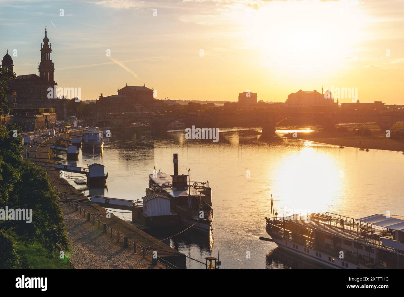 Scenic warm sunset beautiful Dresden city skyline at Elbe River with ...