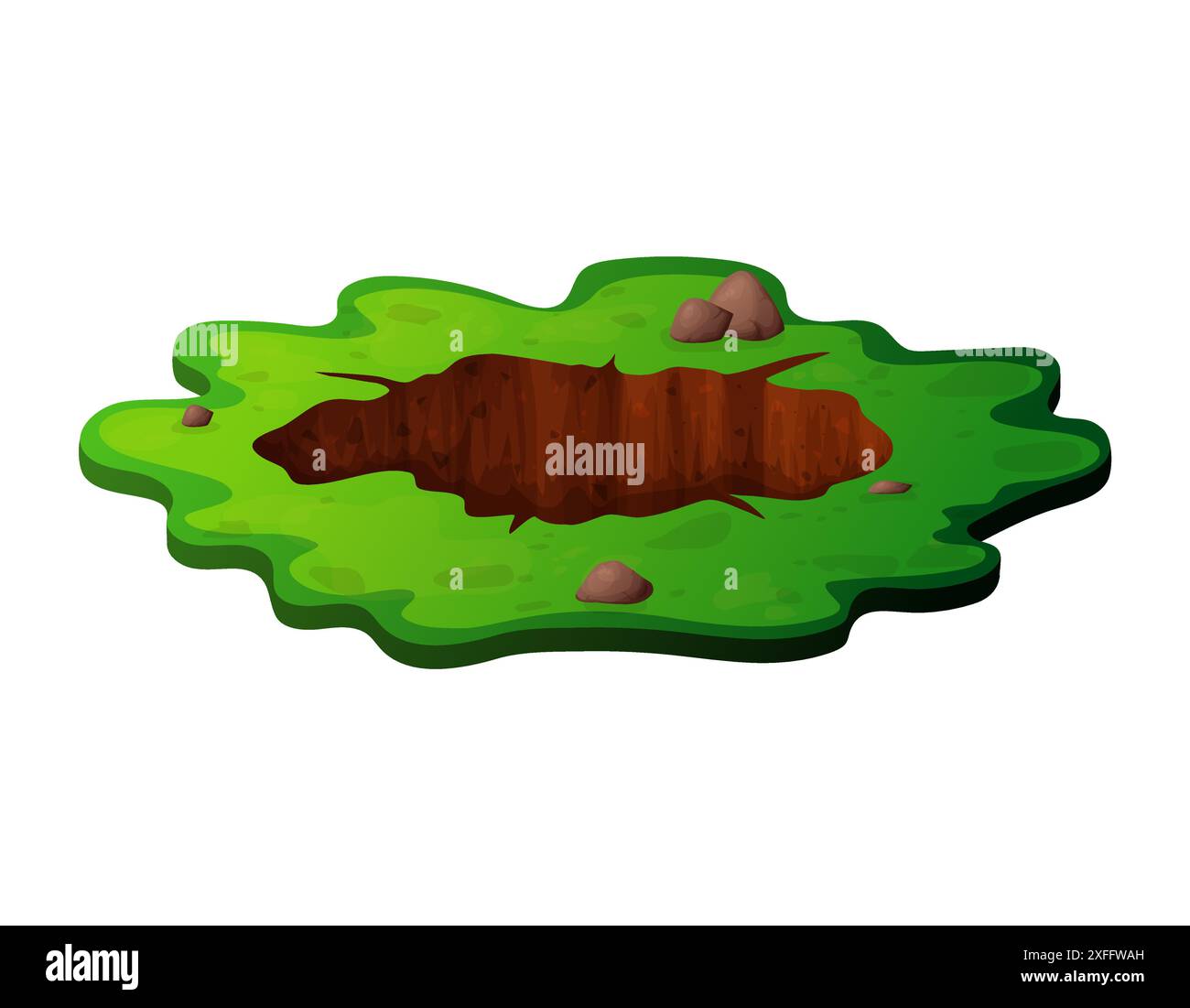 Deep hole in the ground with grass and stones. Brown soil, large cracks ...