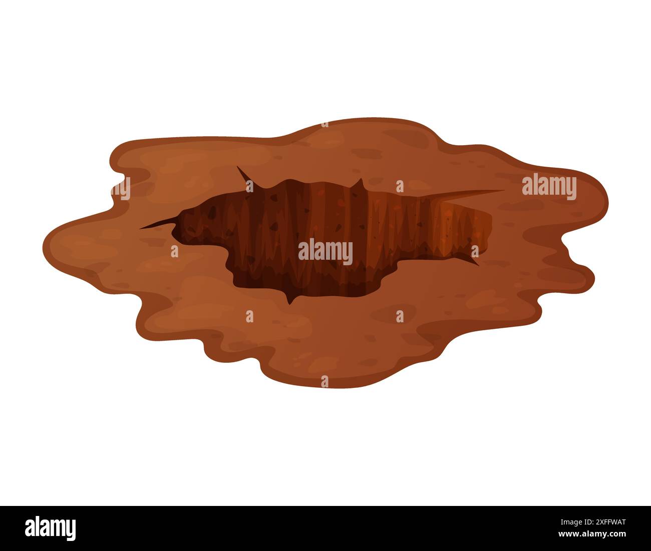 Deep hole in the ground with grass and stones. Brown soil, large cracks ...