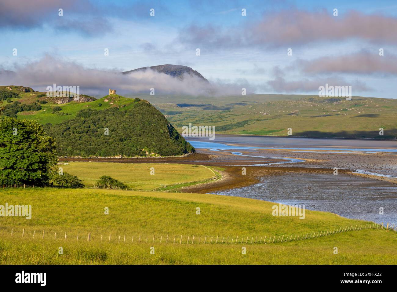 Castle Varrich overlooking the Kyle of Tongue from the NC500 with Ben ...