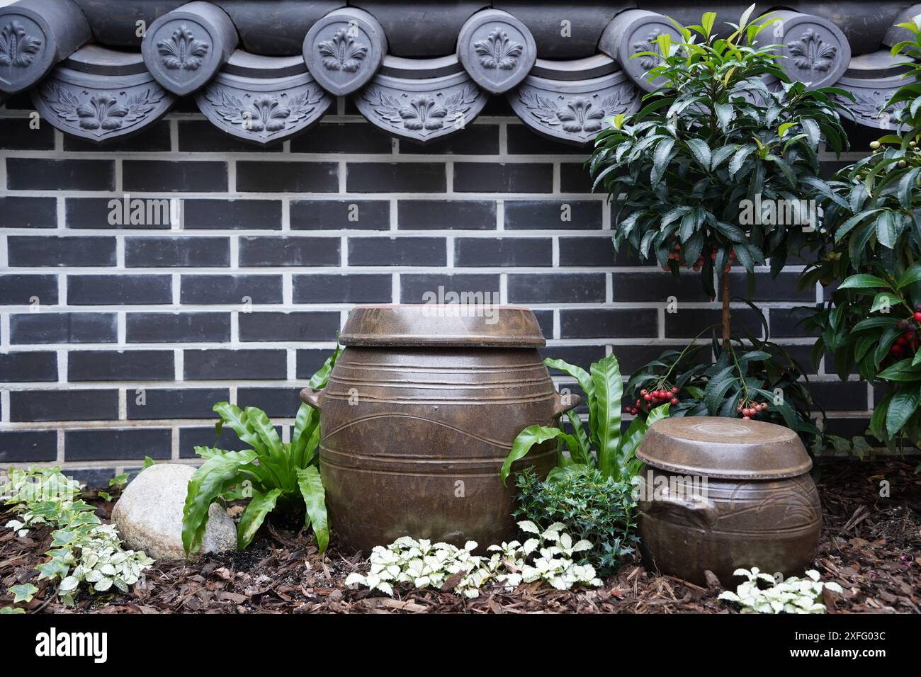 Traditional earthen jars used for aging gochujang and kimchi Onggi are ...