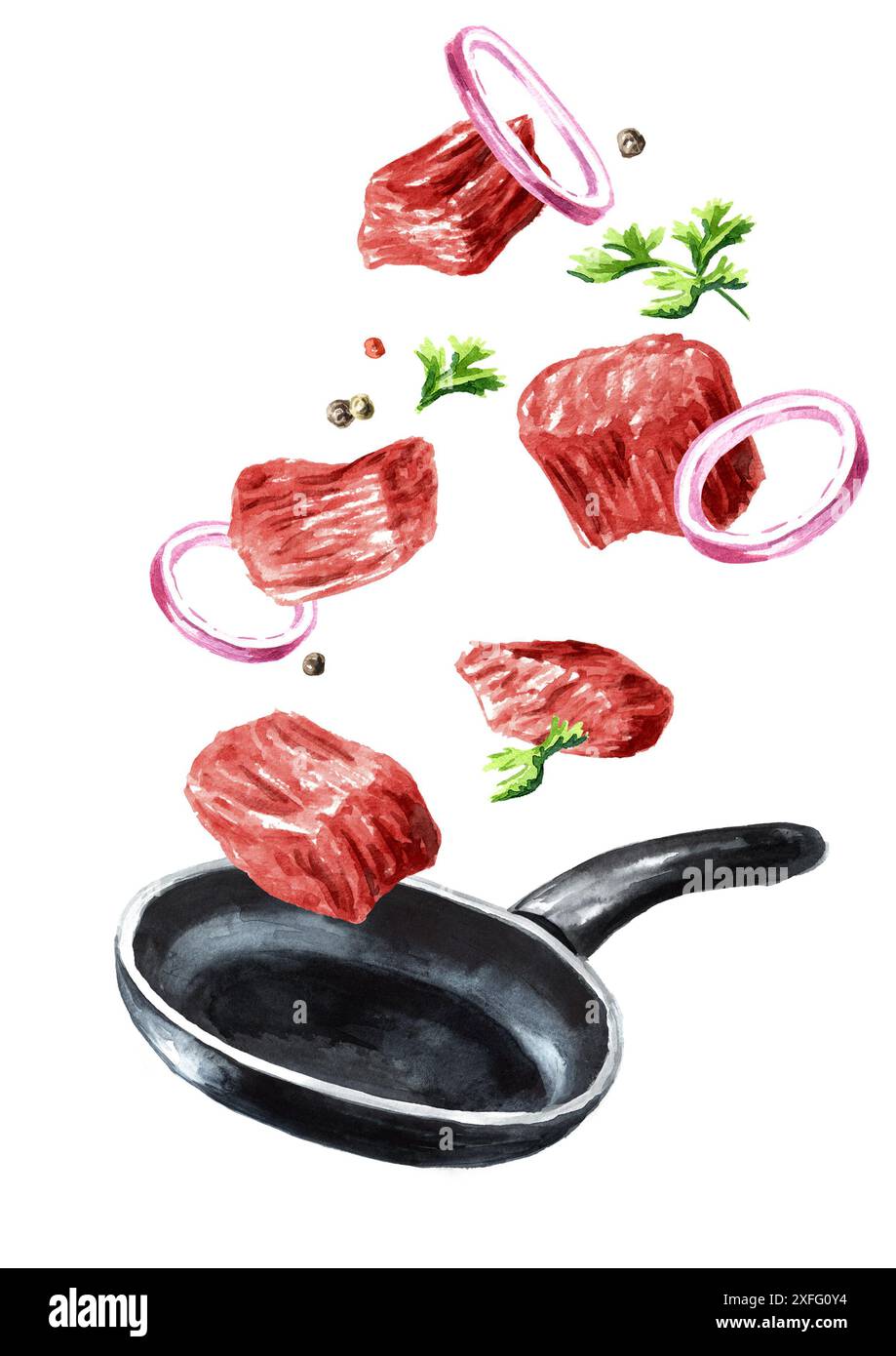 Diced raw red beef meat is tossed in a frying pand. Cooking food ...