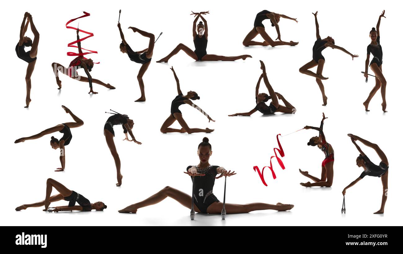 Flexible talented teen girl, acrobat in black bodysuit, rhythmic gymnast performing against ...
