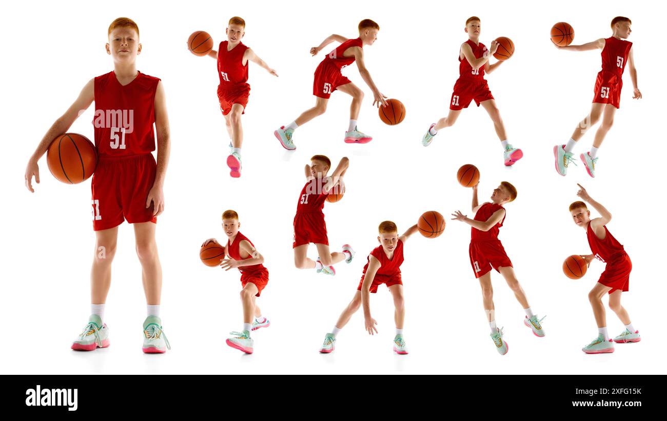 Teen boy, basketball player in red uniform, in dynamic pose with ball ...