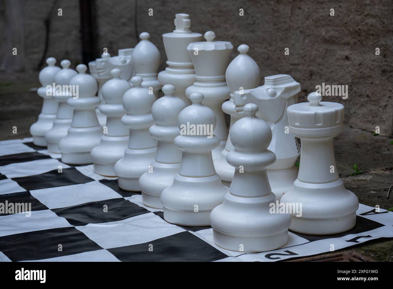 Large street chess, only white pieces against the background of a stone ...