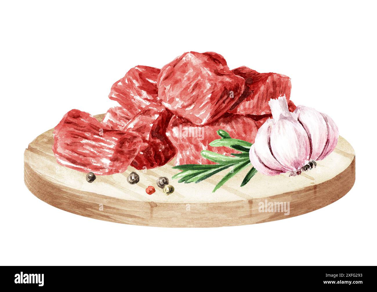 Diced raw red beef meat, food concept. Hand drawn watercolor ...