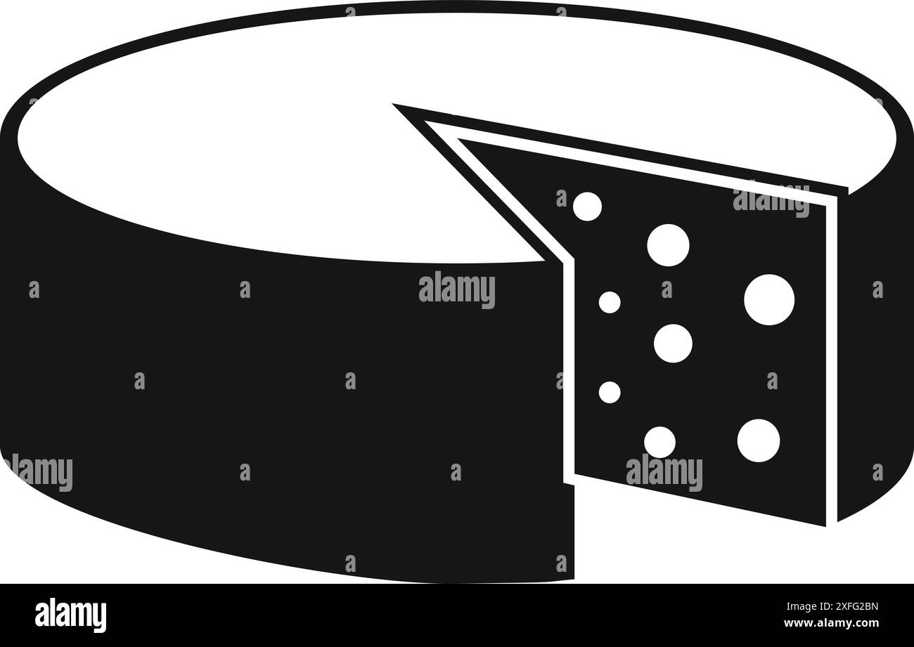 This is a black and white silhouette of a wheel of cheese with a slice ...