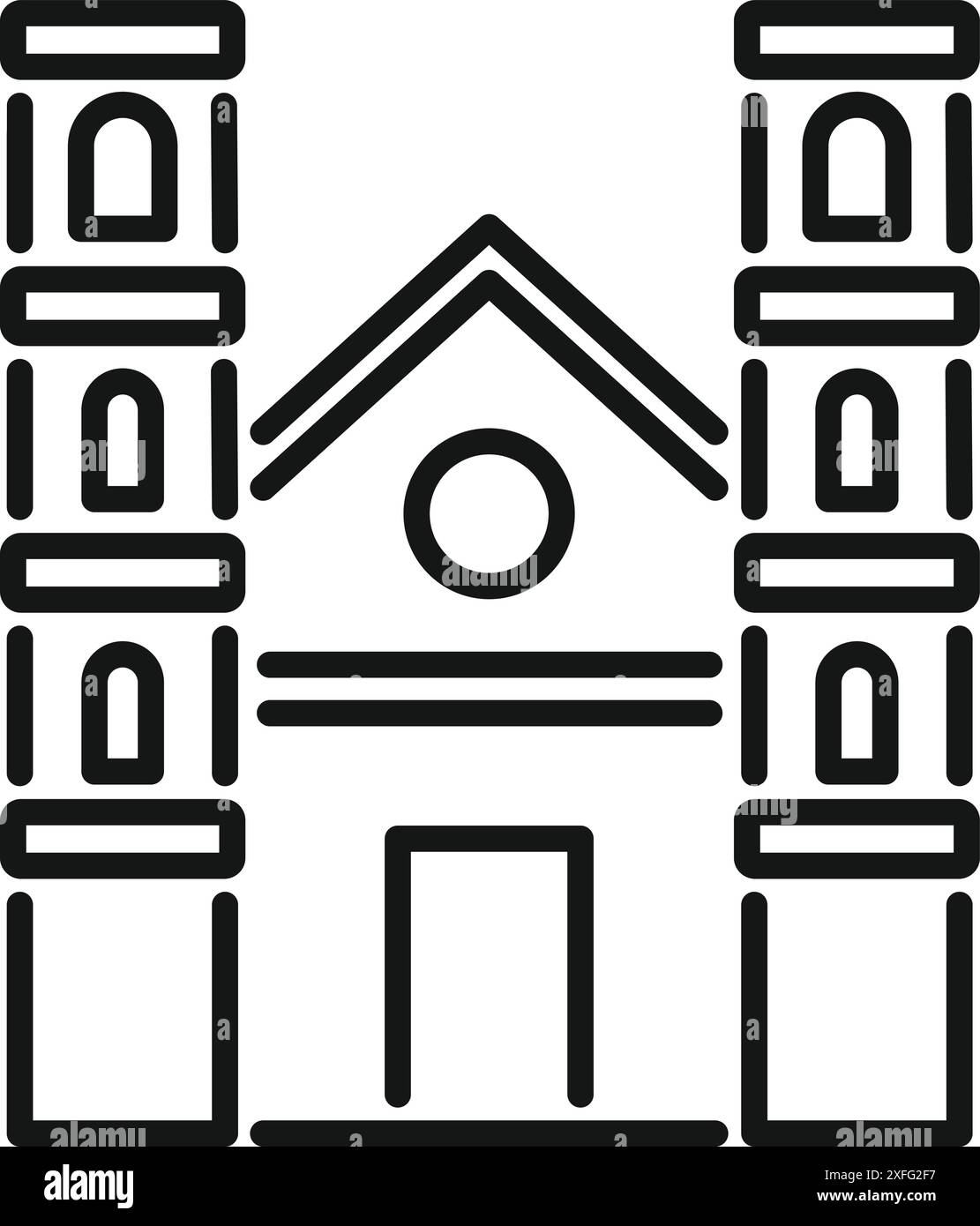 Simple line art icon of a church building featuring two tall bell ...