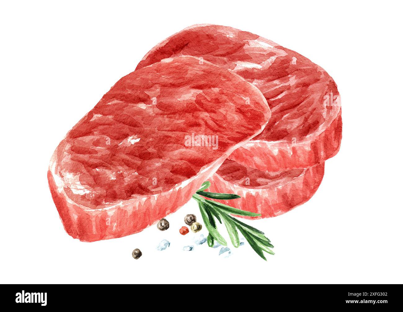 Fresh raw beef steak, food concepts. Hand drawn watercolor illustration ...