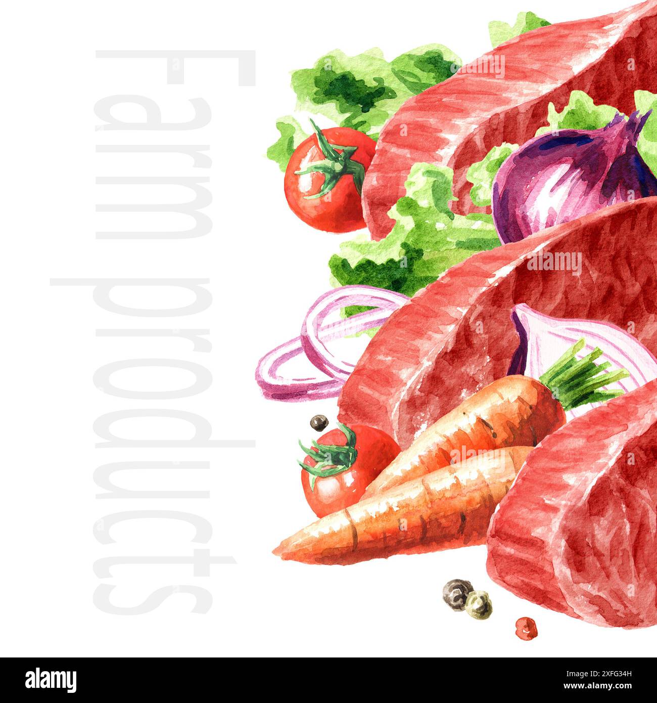 Fresh raw beef steakes, food concepts. Hand drawn watercolor ...