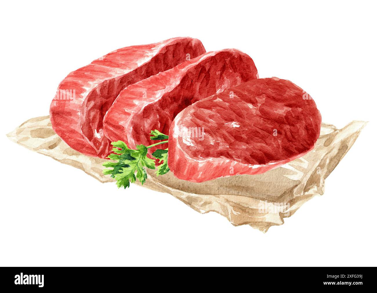 Fresh raw farm beef steak, food concepts. Hand drawn watercolor ...