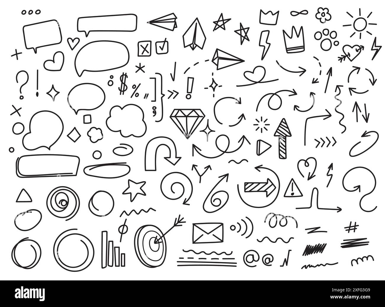 Doodle elements. Sketch underline, arrow and speech bubble, diamond and ...