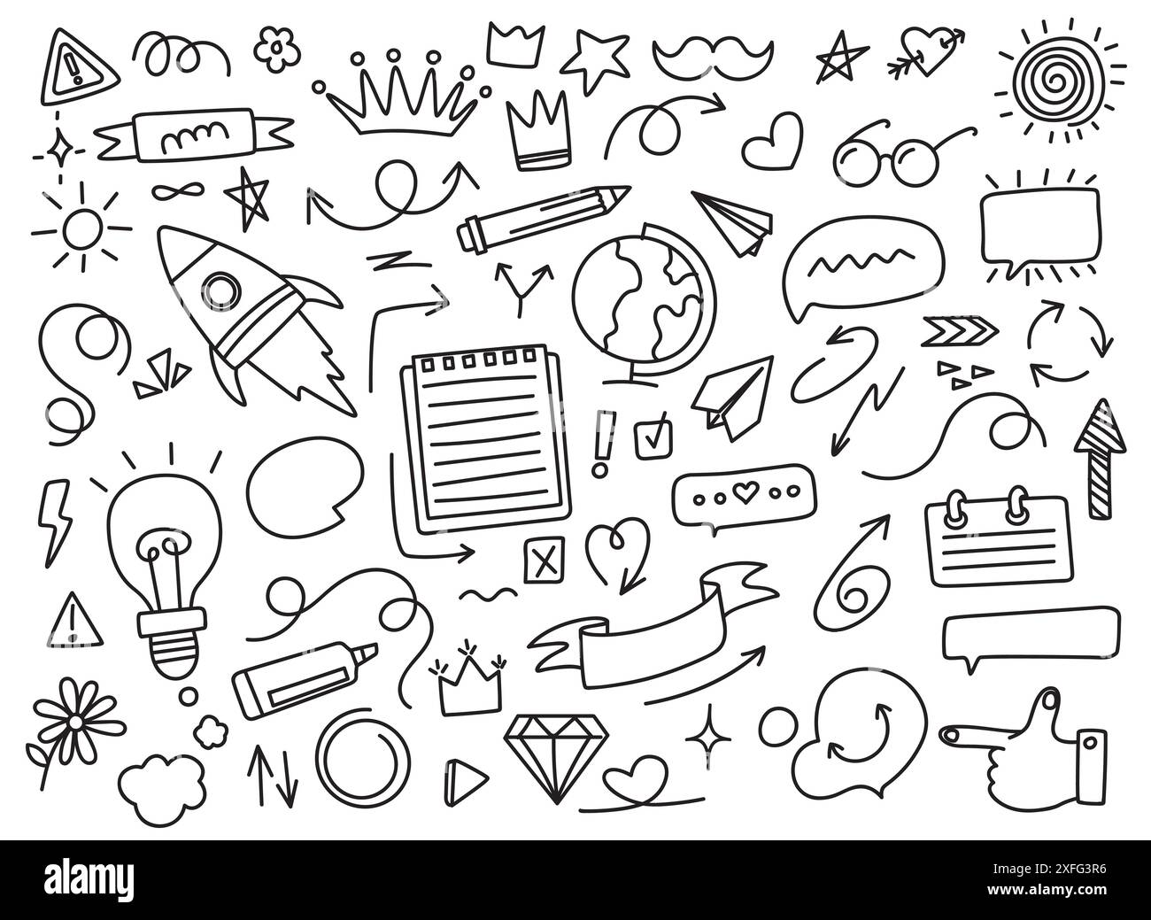 Line doodle element. Sketch light bulb, arrow and speech bubble, rocket ...