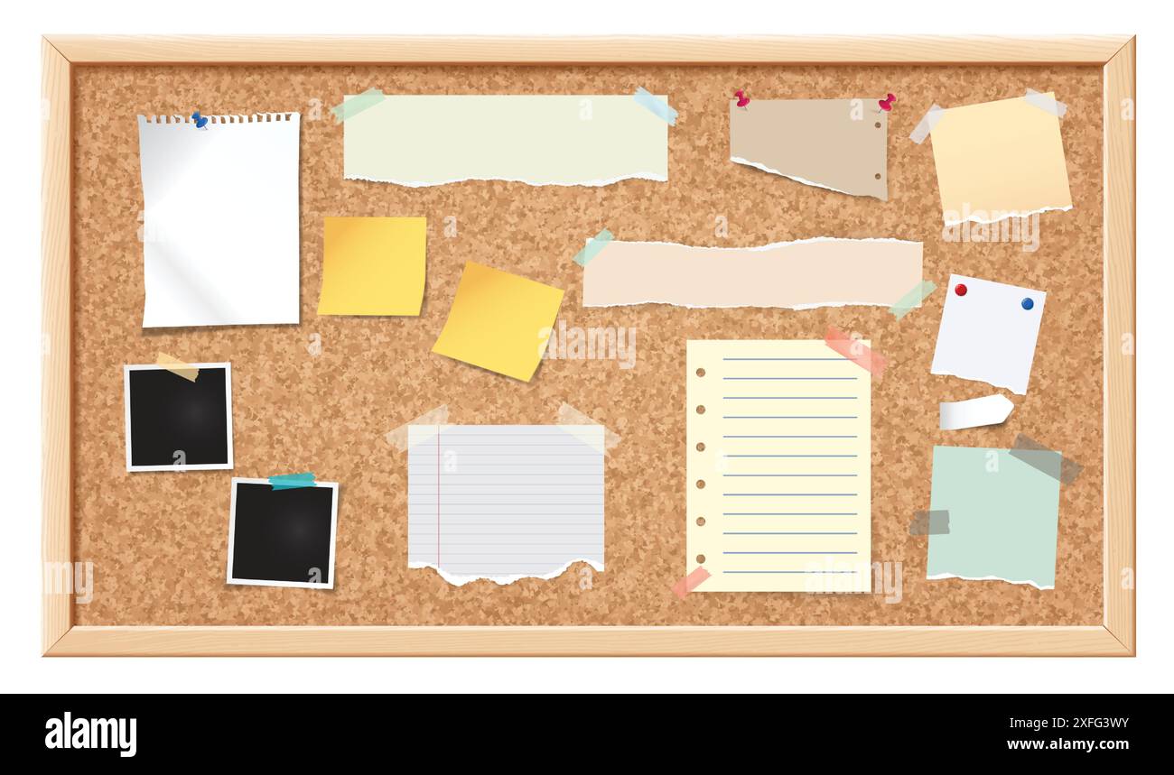 Notice board. Corkboard, noticeboard with blank ripped paper notes for ...