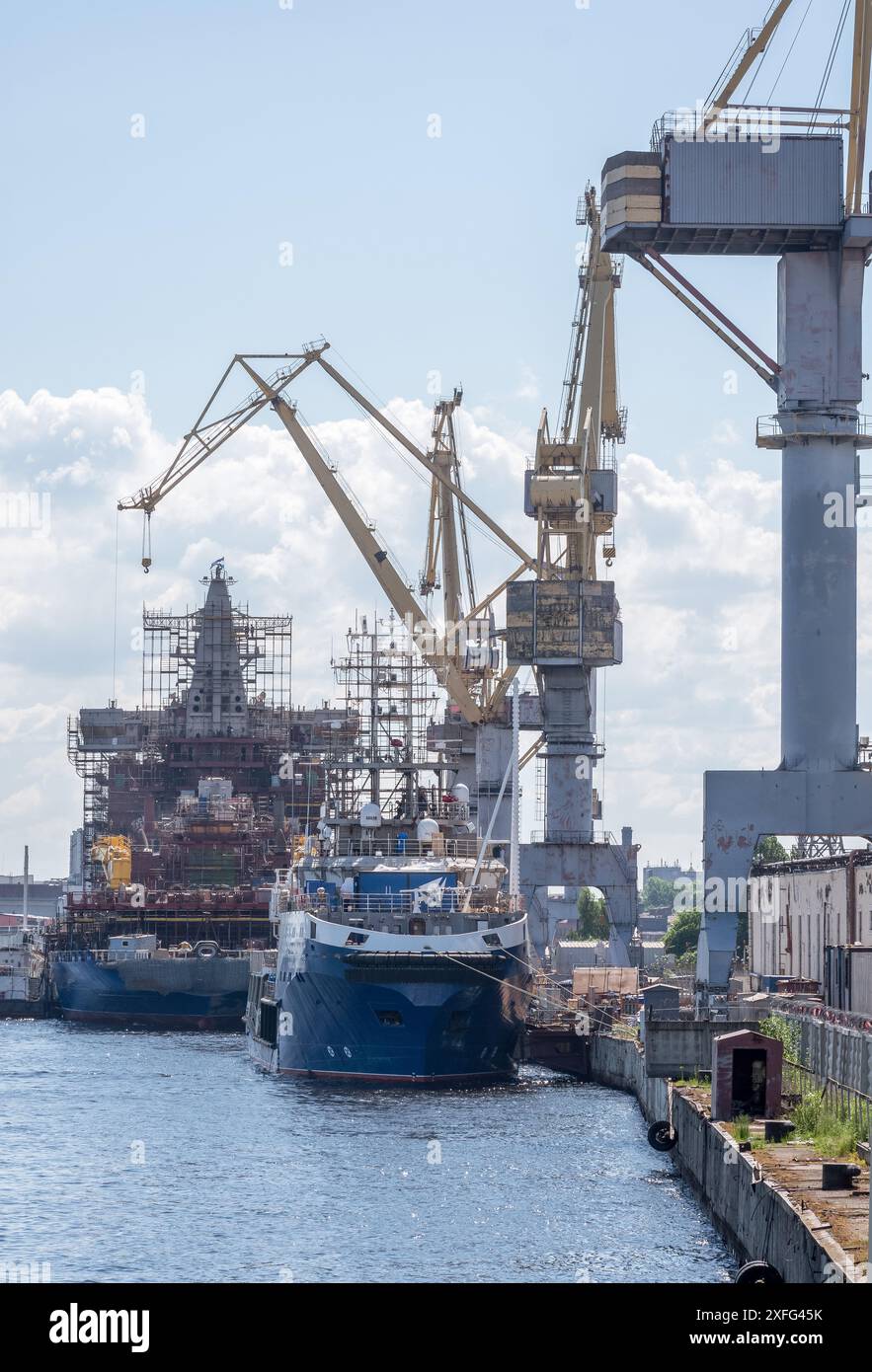 Saint Petersburg, Russia - June 05, 2024: repair of ships at the ...