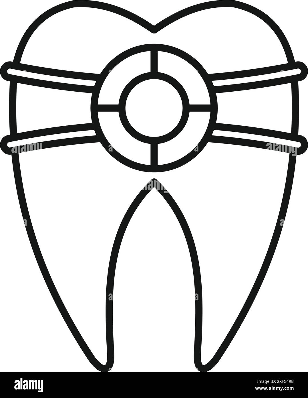 Black and white line drawing representing a tooth with braces being ...