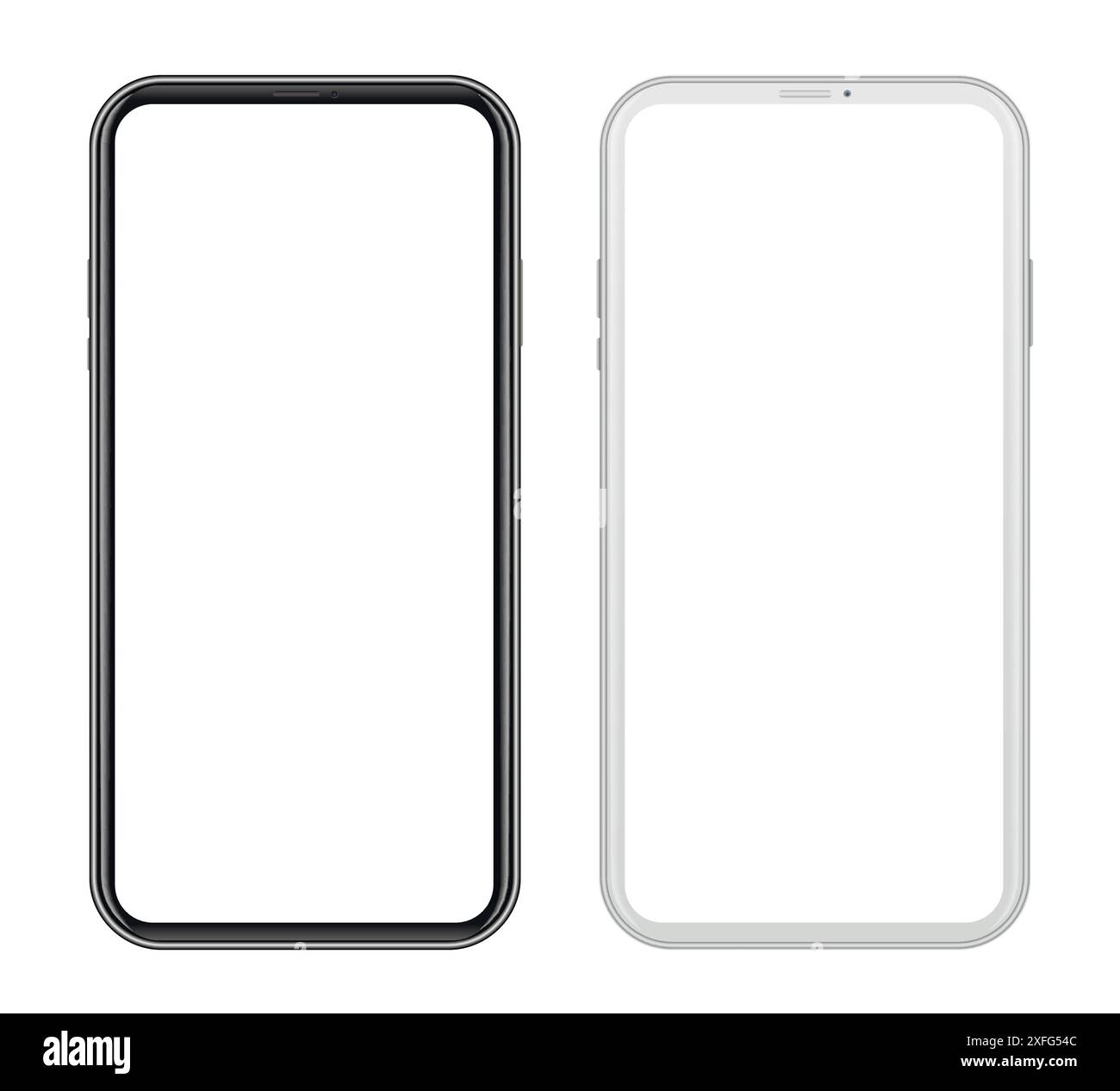 White and black smart phones in front side on white background ...