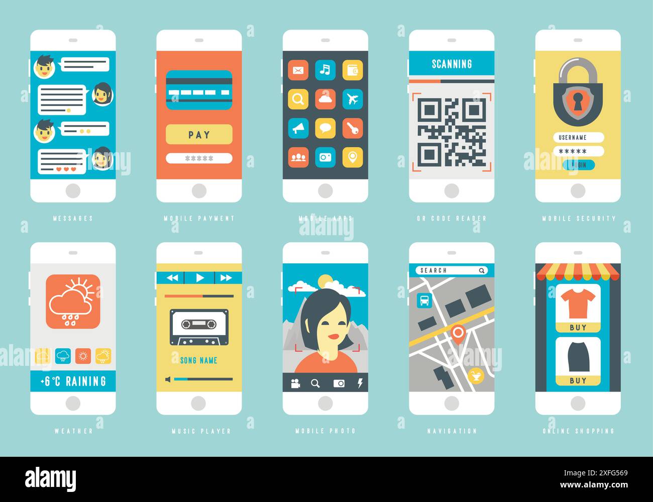 Set of smart phones with different user interface elements, flat design ...