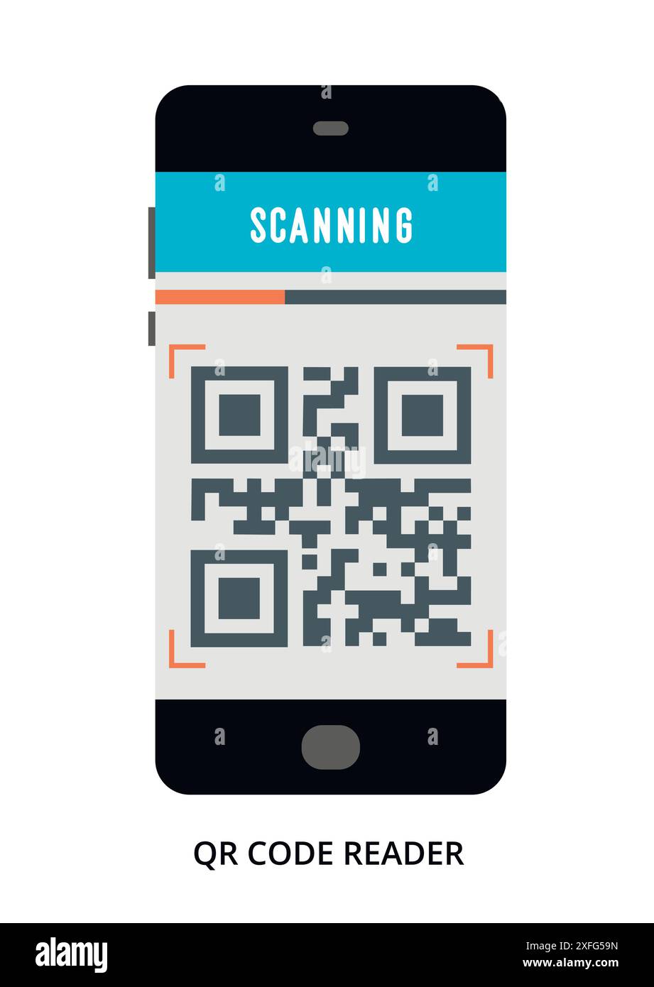 QR Code Reader concept on black smartphone with different user interface elements, flat vector ...