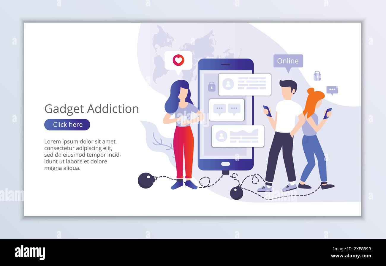 Website template of gadget addiction, flat design vector illustration ...