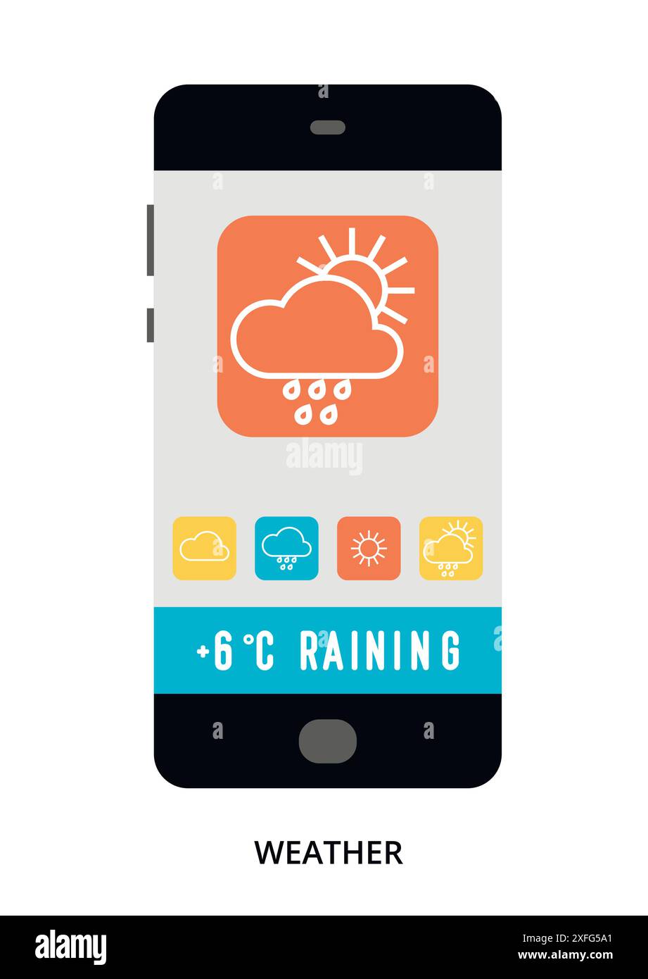 Weather concept on black smartphone with different user interface elements, flat vector ...