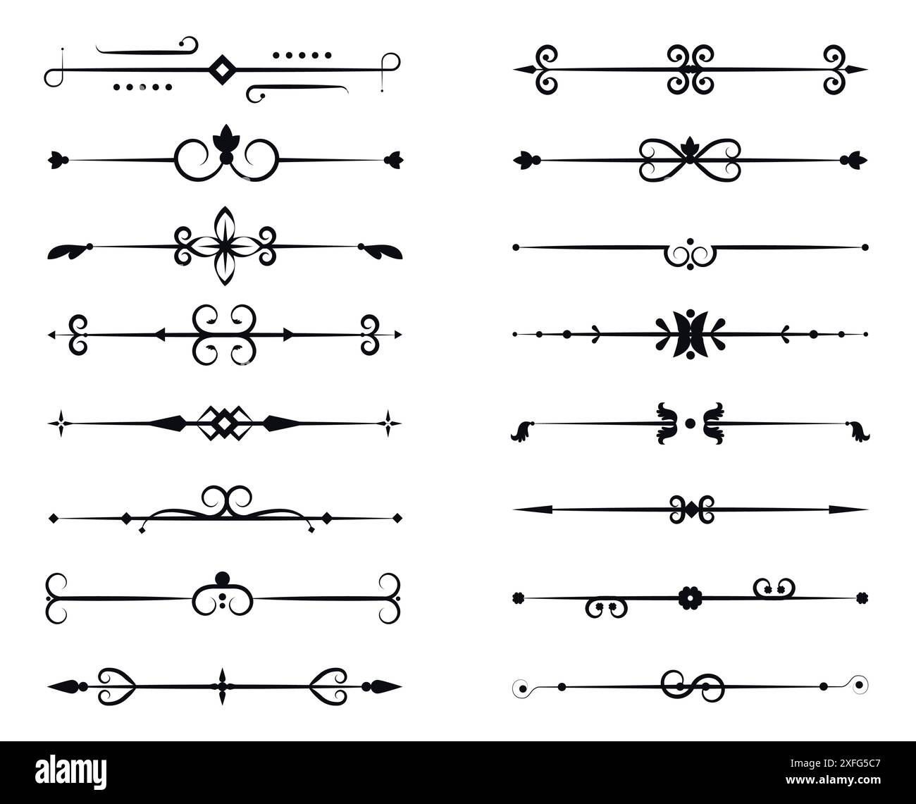 Set of ornamental filigree flourishes and thin dividers on white ...