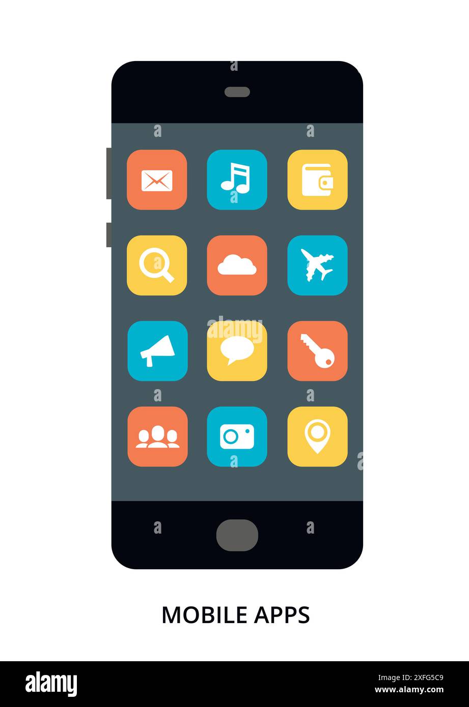 Mobile Apps concept on black smartphone with different user interface elements, flat vector ...