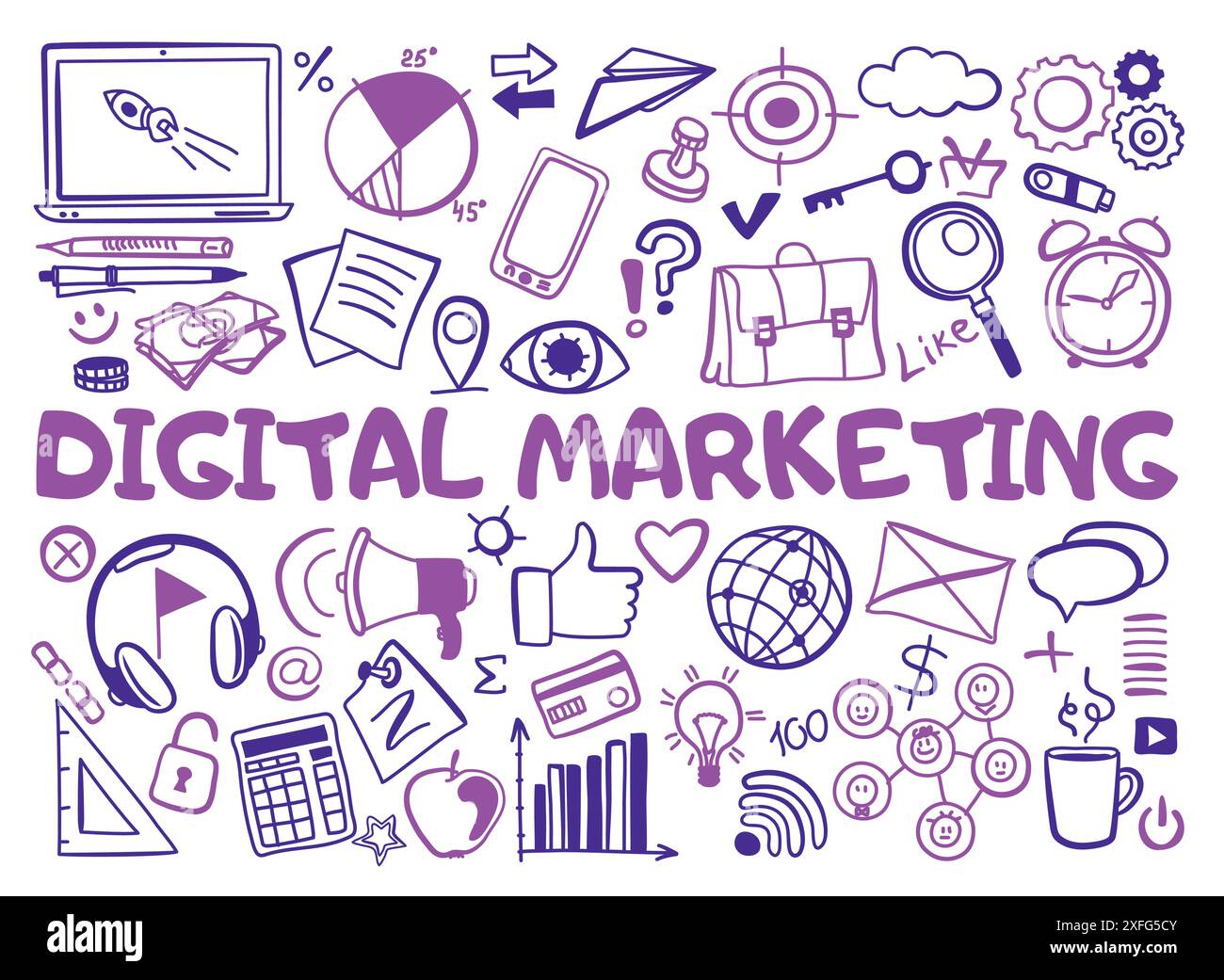 Hand drawn design vector illustration, set of digital marketing icons ...