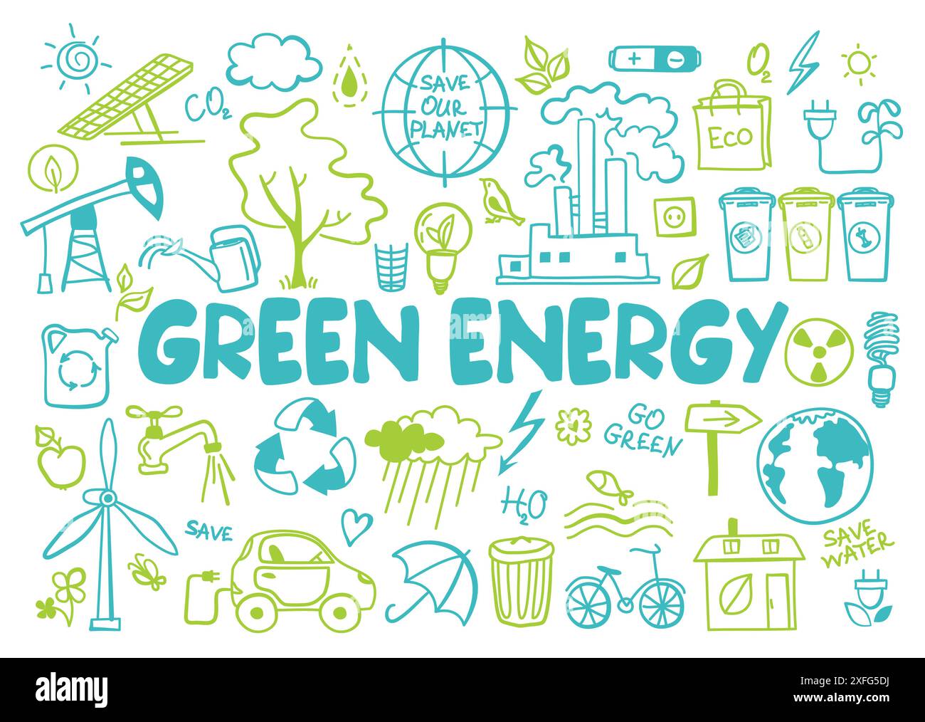 Hand drawn design vector illustration, set green energy icons in doodle ...