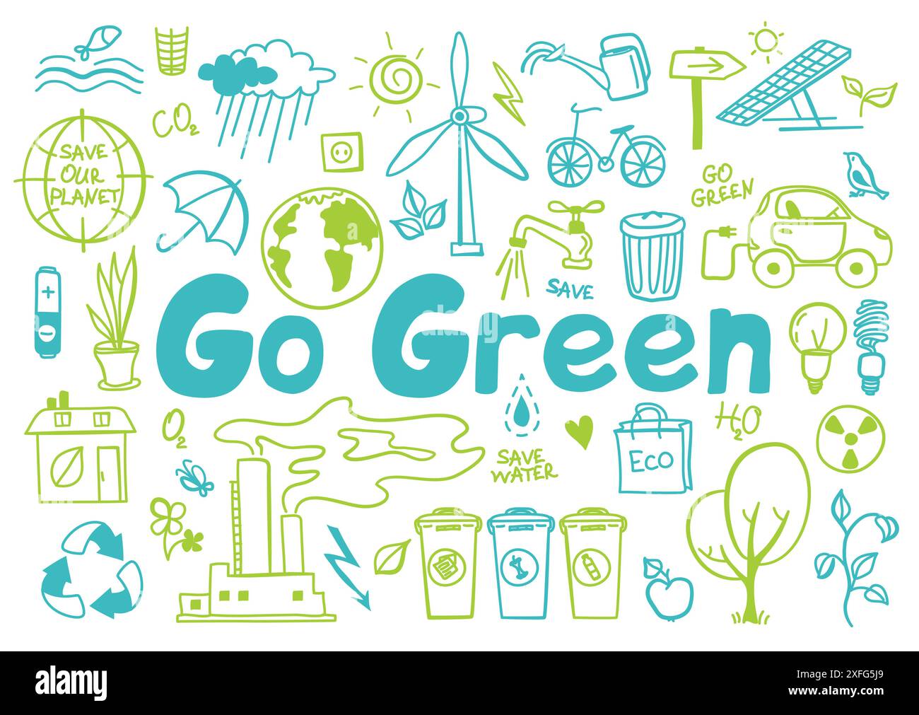 Hand drawn design vector illustration, set of go green icons, in doodle ...