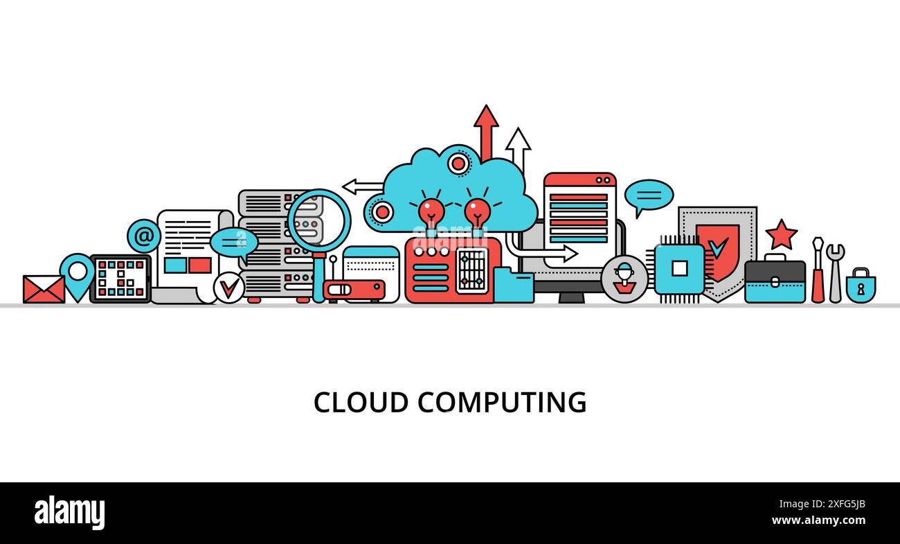 Modern flat thin line design vector illustration, concept of cloud computing technologies, for ...
