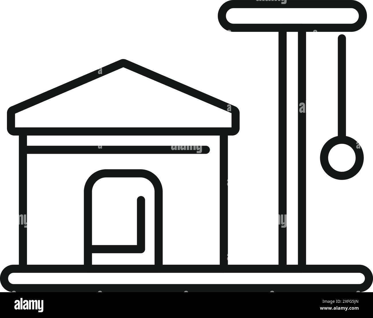 Line drawing of a cat house with a scratching post and hanging ball for ...