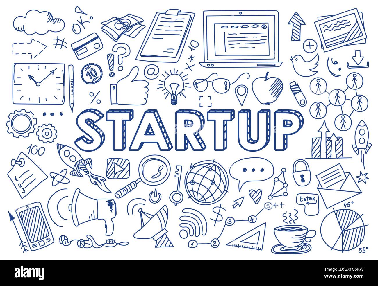 Hand drawn design vector illustration, set of startup concept icons in ...