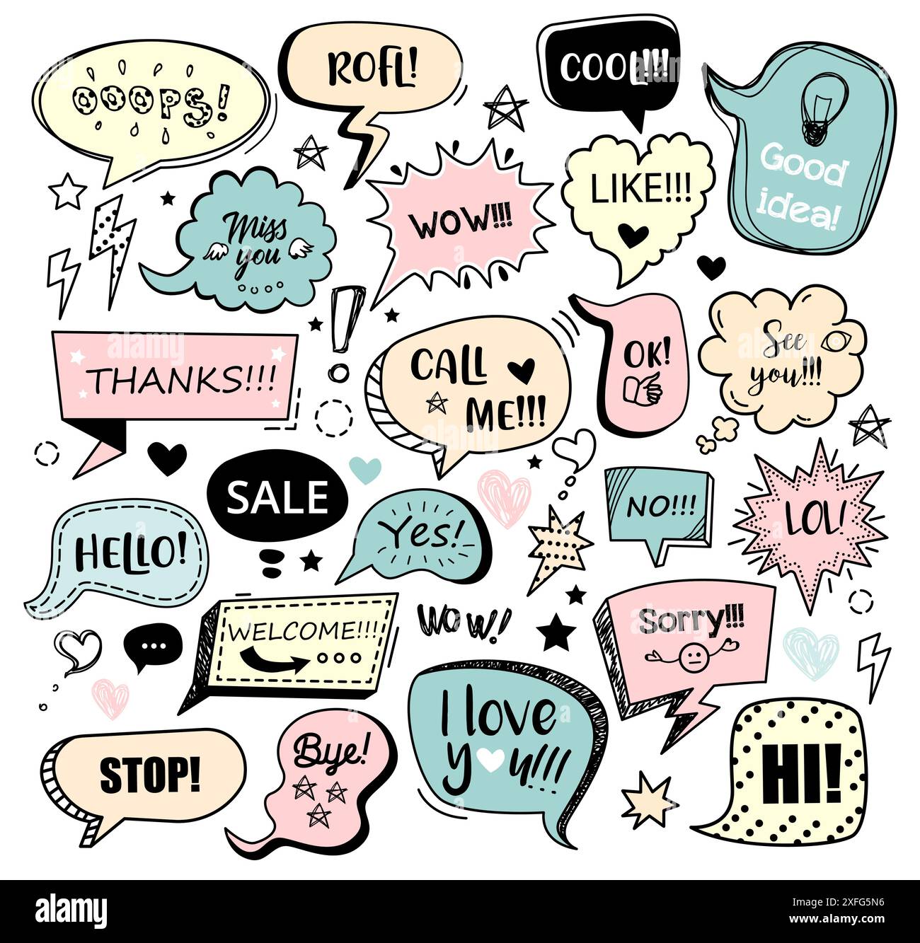 Set of color speech bubbles with different words in doodle style for ...