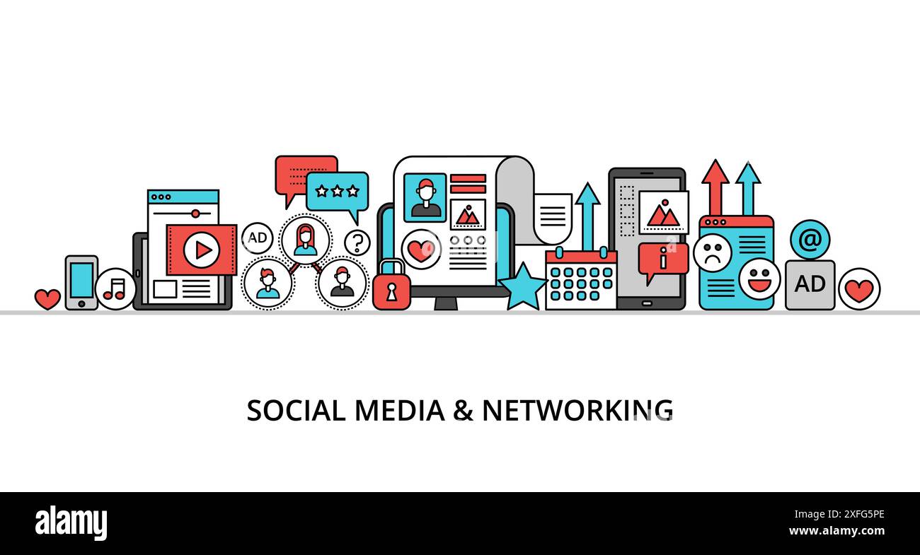 Modern flat line design vector illustration, concept of social media ...